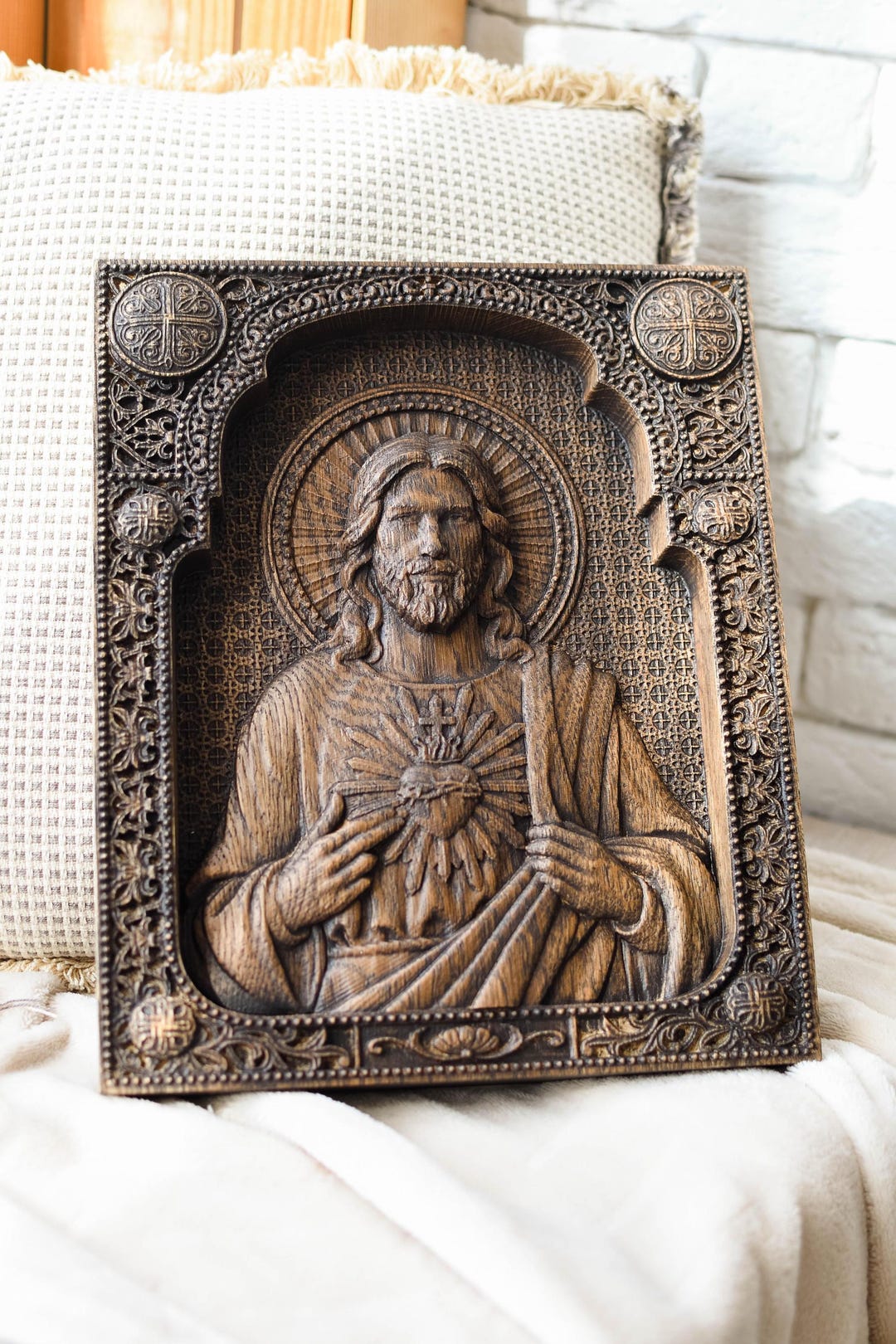 Sacred Heart Jesus Oak Wood Carving: Engraved Catholic Icon, Religious ...