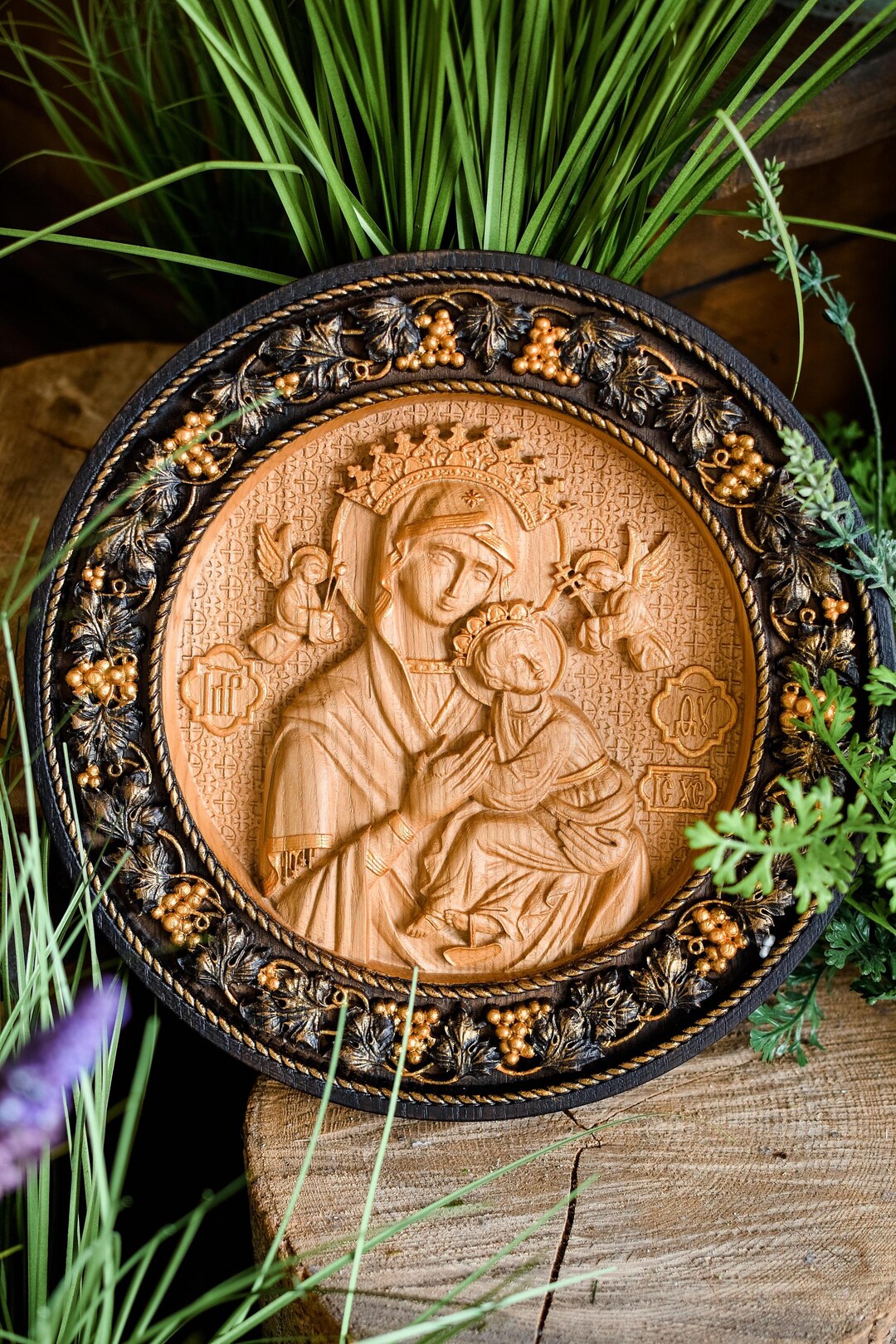 Our Lady of Perpetual Help Icon: Carved Oak Wood Virgin Mary, TAX Free ...