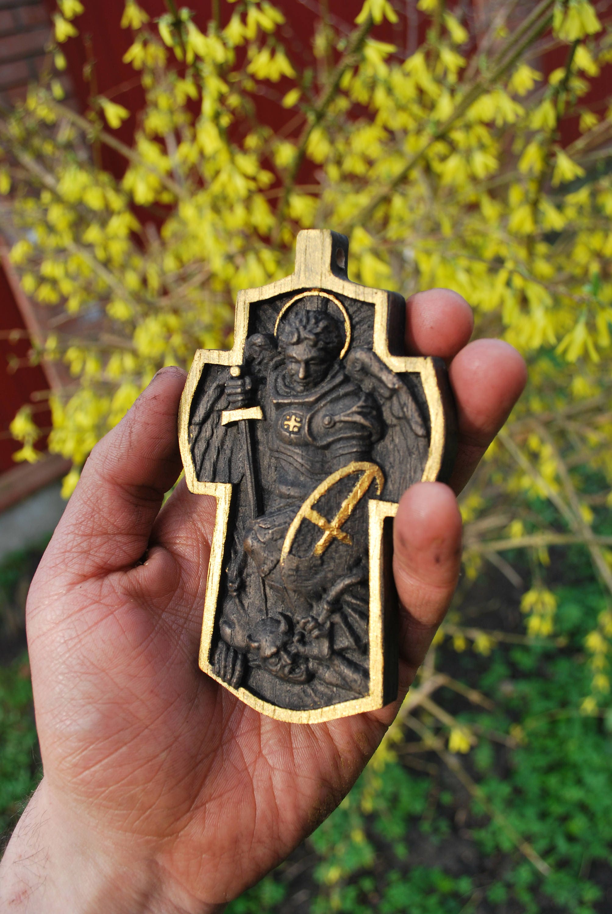 Archangel Michael Pectoral Cross: 4" Wood Carving, Christian Gift, 4x3 ...