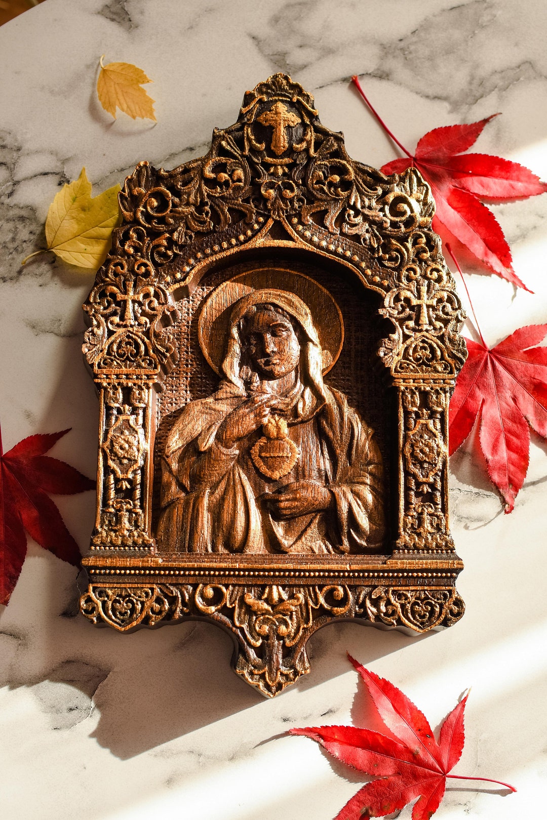 Immaculate Heart of Mary Icon: Hand-carved Oak Wood, Christian Home ...