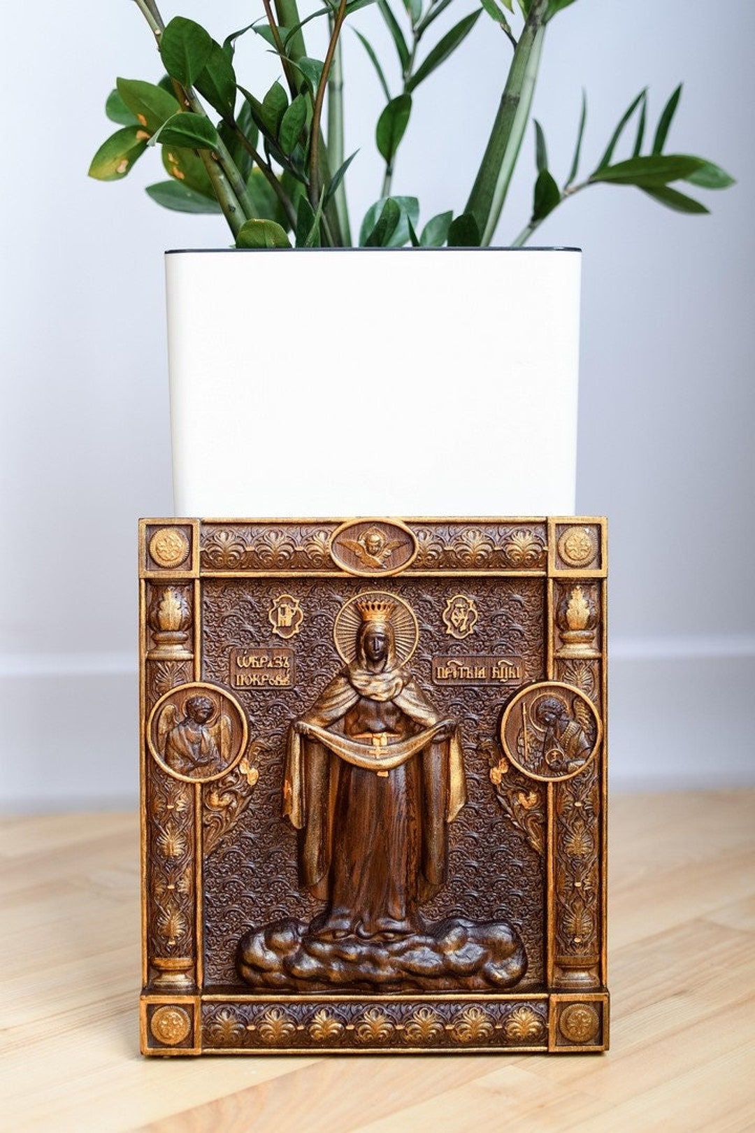 Virgin Mary of Pokrov Wooden Carving: Religious Wall Art With Engraving ...