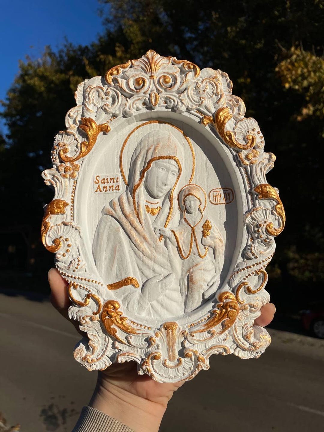 Handcrafted Wood Carved Saint Anne Icon: Christian Religious Wall Art ...