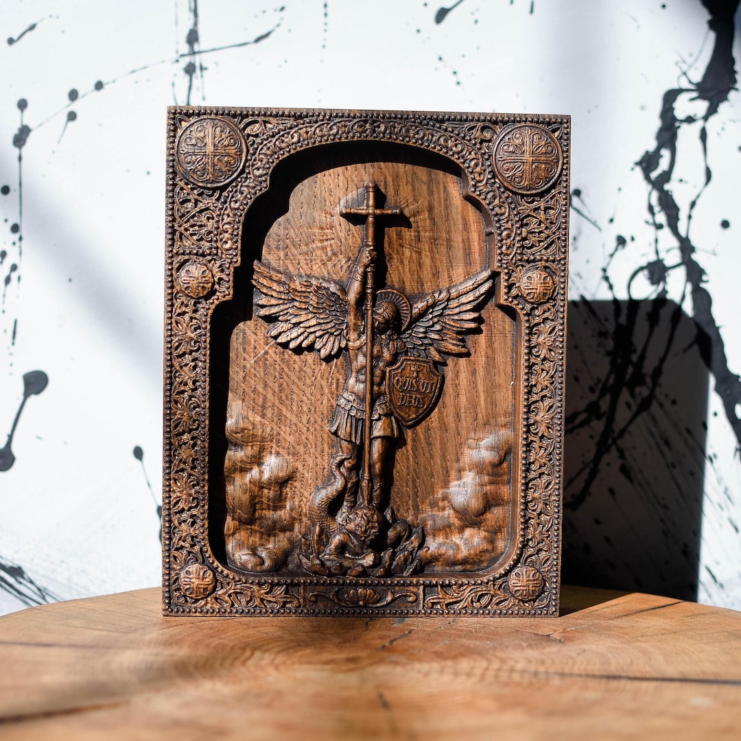 Archangel Michael Wooden Carved Plaque: Religious Wall Art, Christian ...