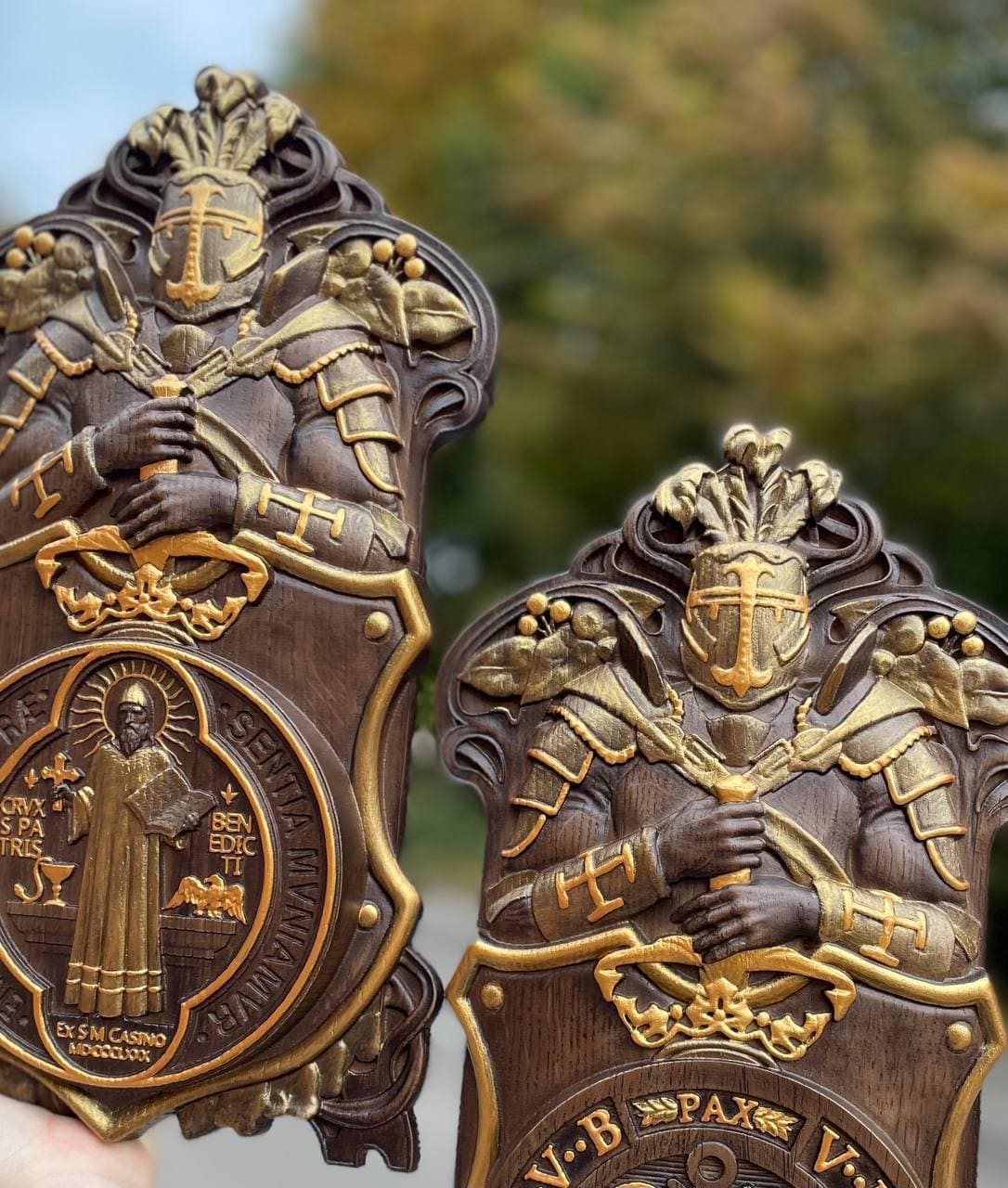 Hand-carved Wooden Knight Shield: Saint Benedict Medallion, Medieval ...
