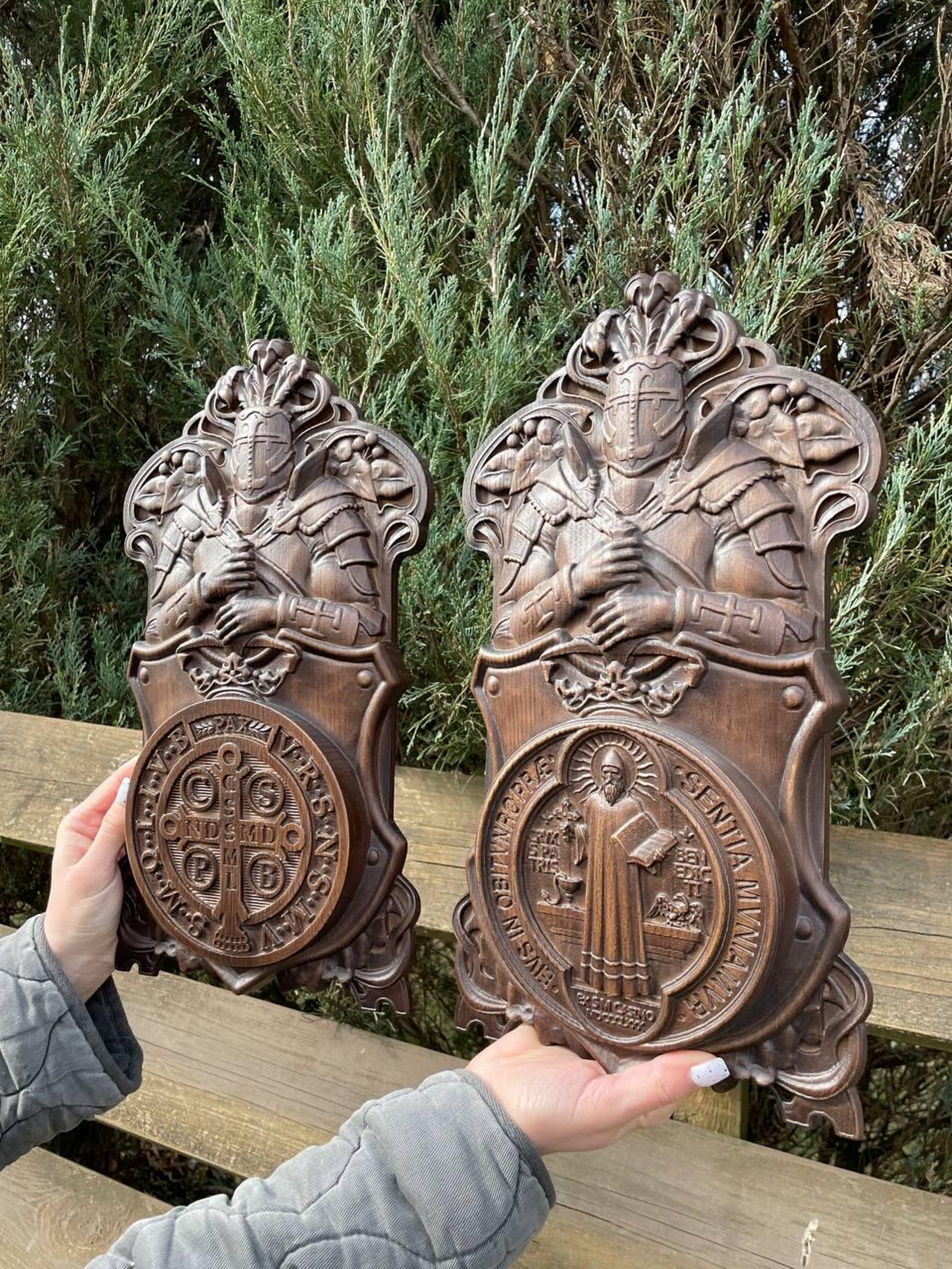 Hand-carved Wooden Knight Shield: Saint Benedict Medallion, Medieval ...