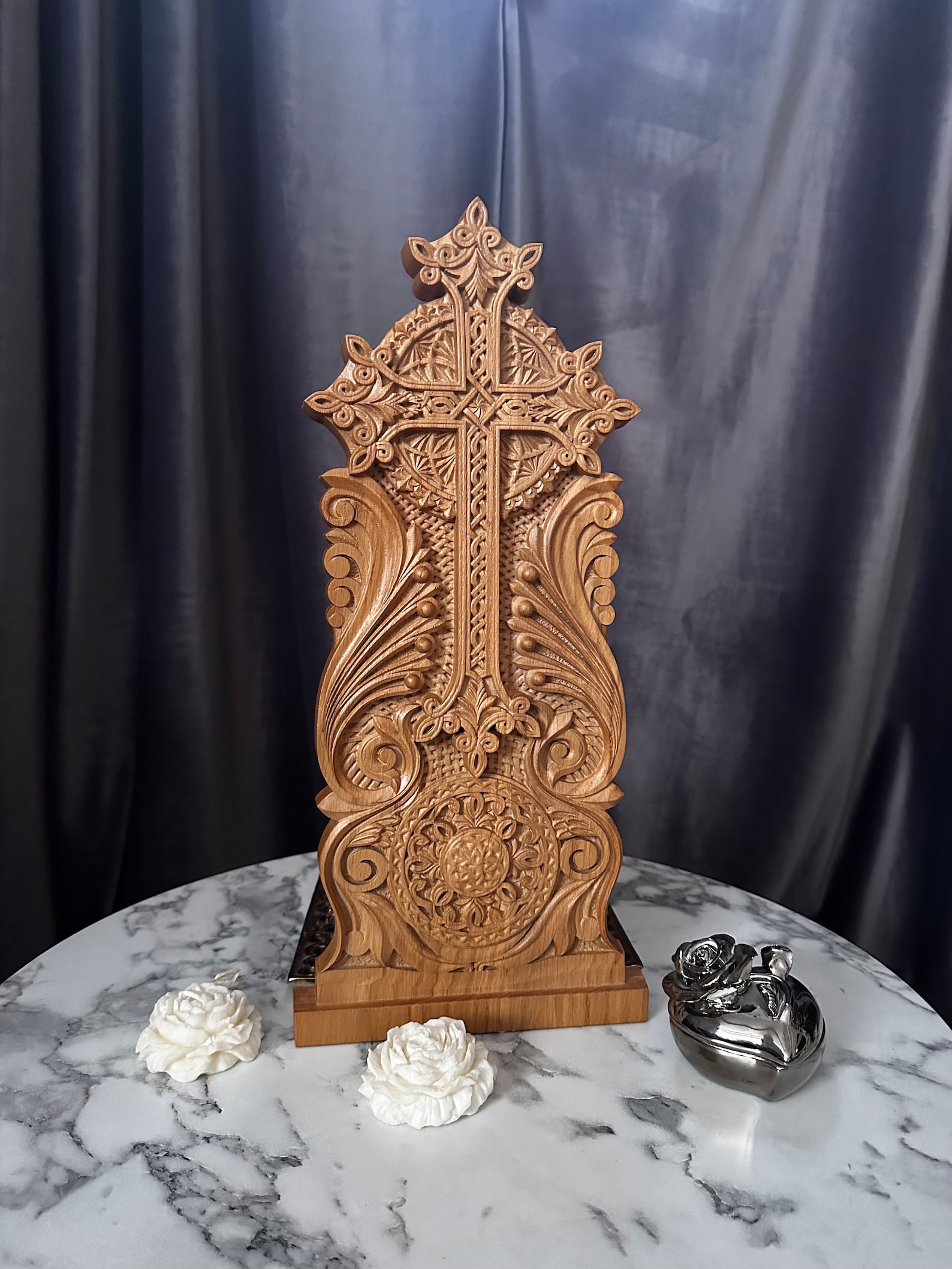 Carved Oak Wood Cross on Stand: Christian Home Decor Personalized, TAX ...
