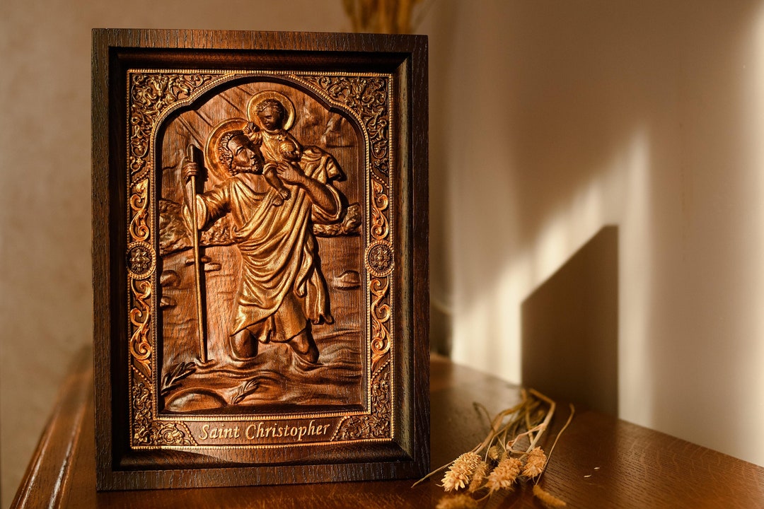 Saint Christopher Wood Carved Icon: Christian Gift for Travelers ...