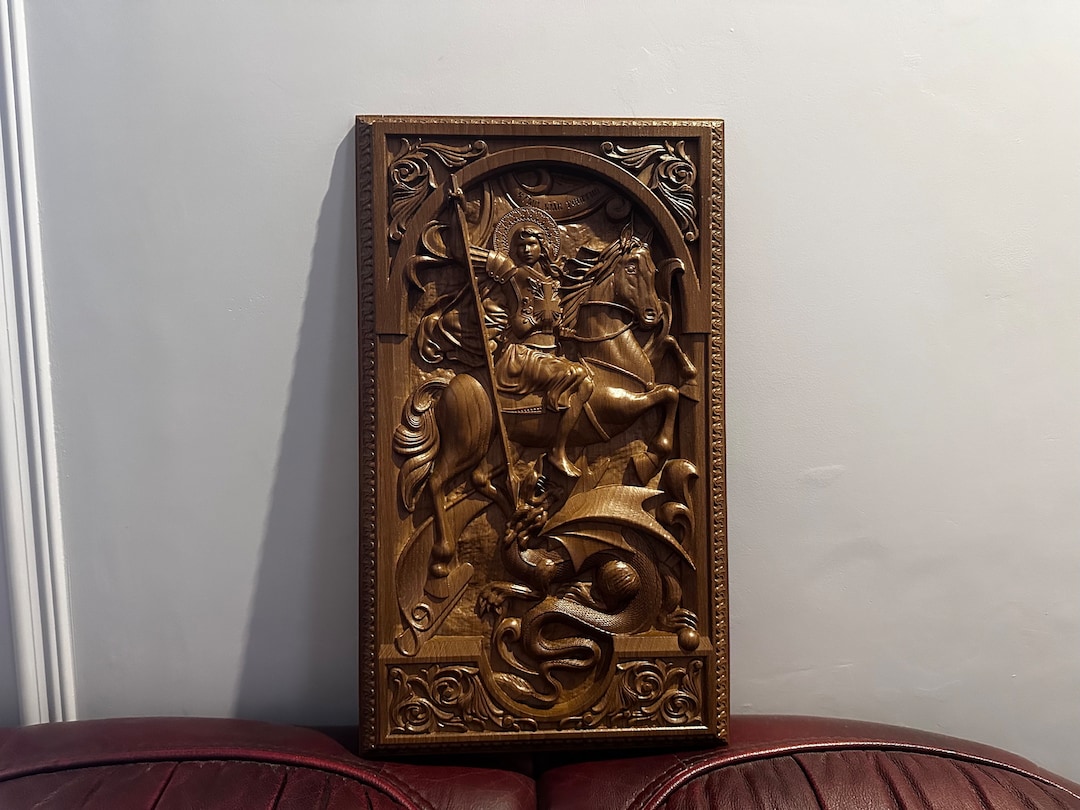 Saint George Wooden Statue Wall Art Religious Icon Wood, Personalized ...