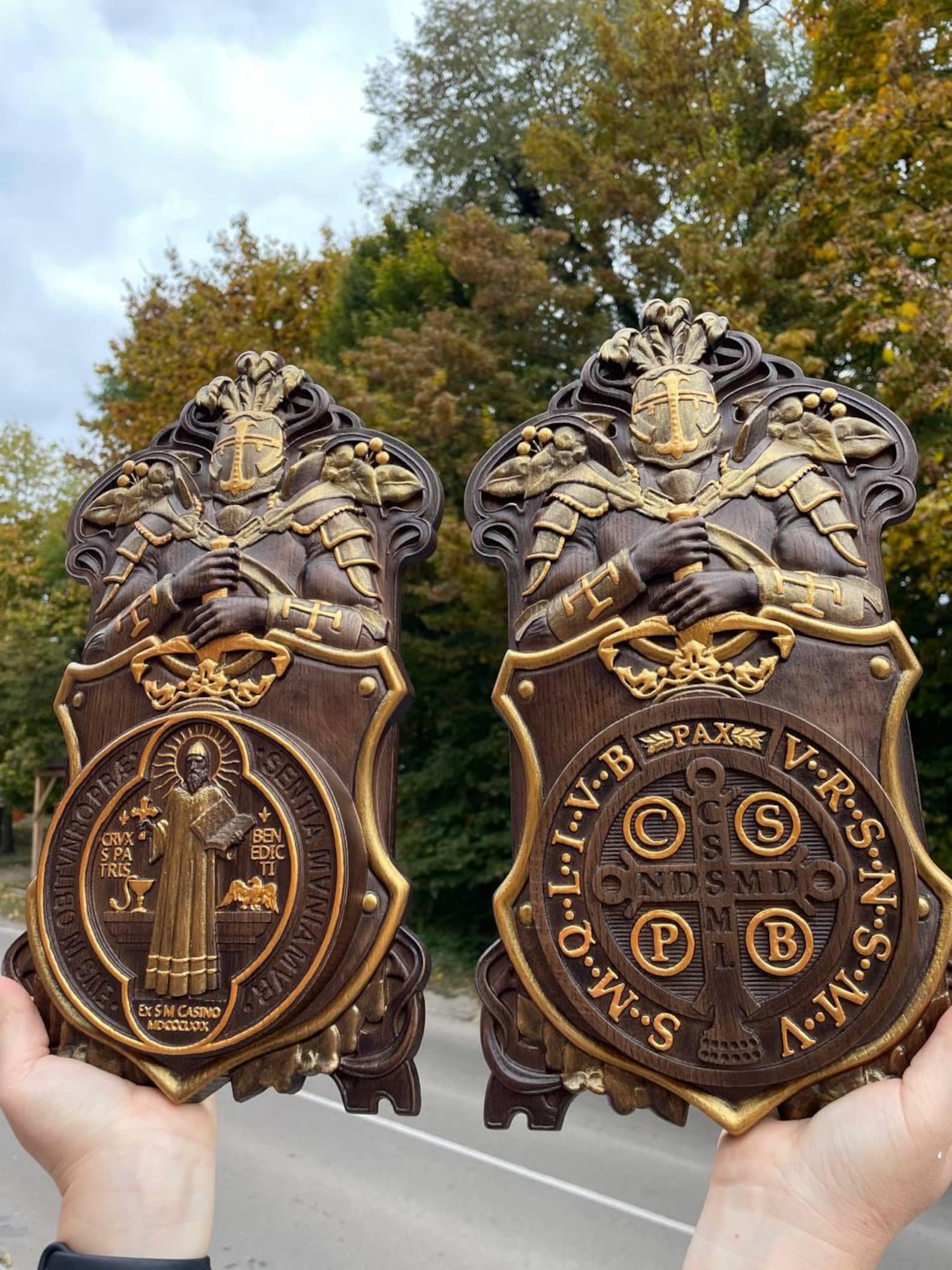 Hand-carved Wooden Knight Shield: Saint Benedict Medallion, Medieval ...