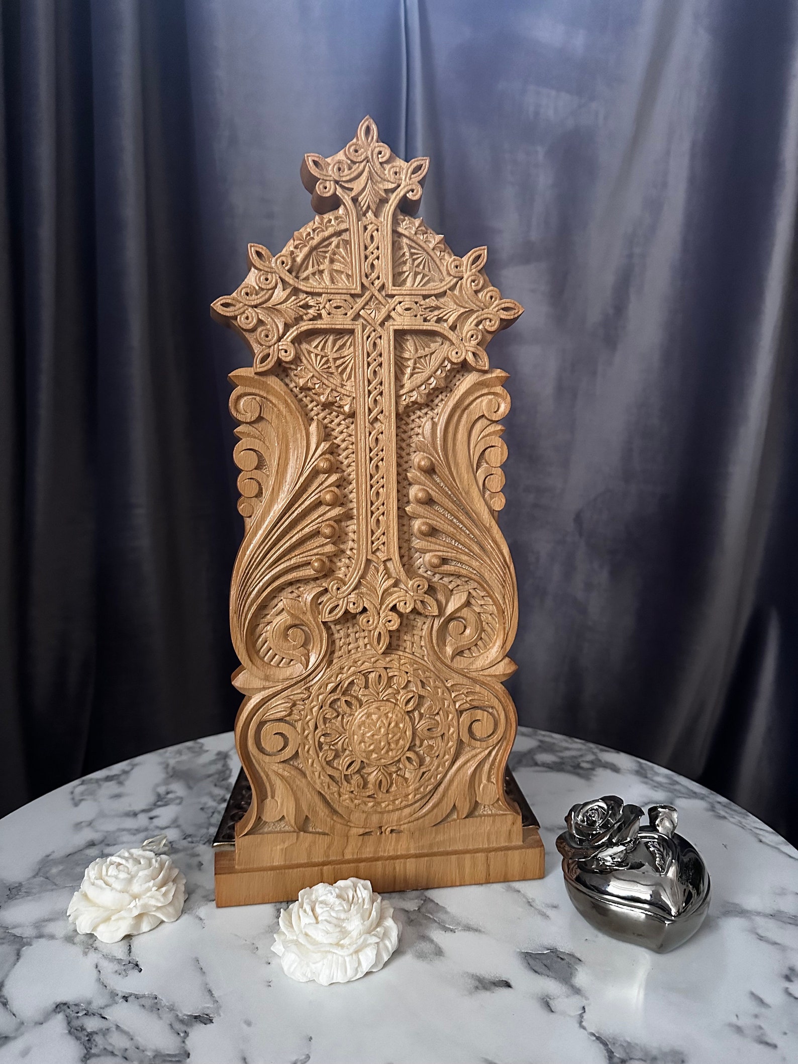 Carved Oak Wood Cross on Stand: Christian Home Decor Personalized, TAX ...