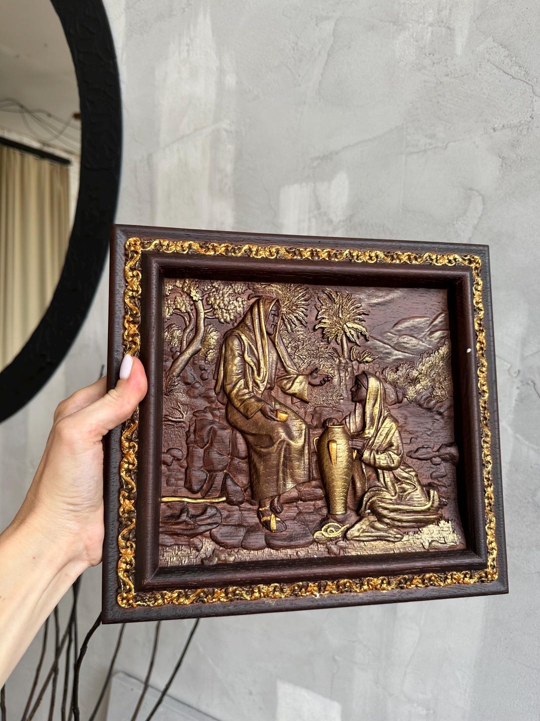 Hand Carved Oak Wood Icon: Jesus and Samaritan Woman Personalized, 8 ...