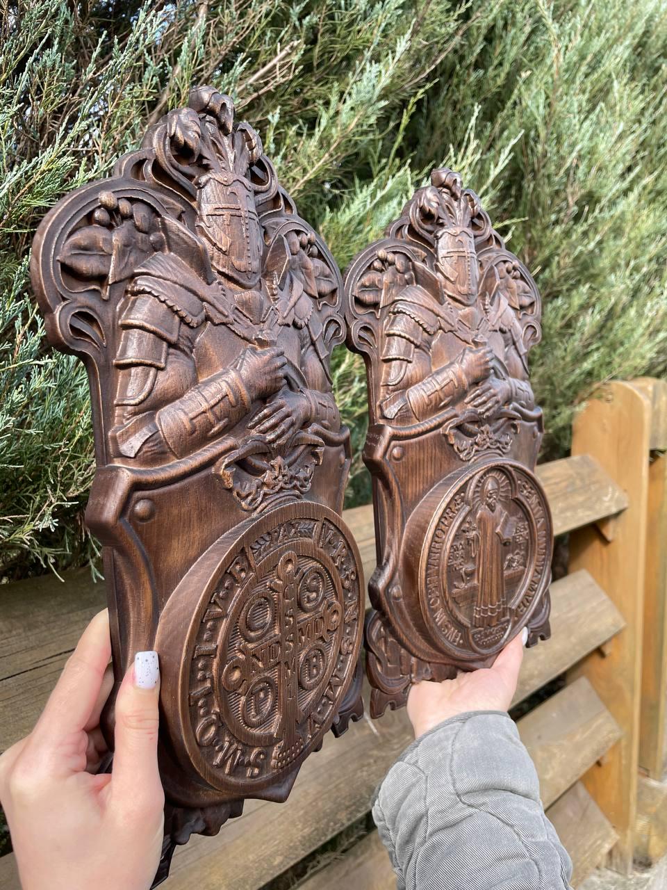 Hand-carved Wooden Knight Shield: Saint Benedict Medallion, Medieval ...