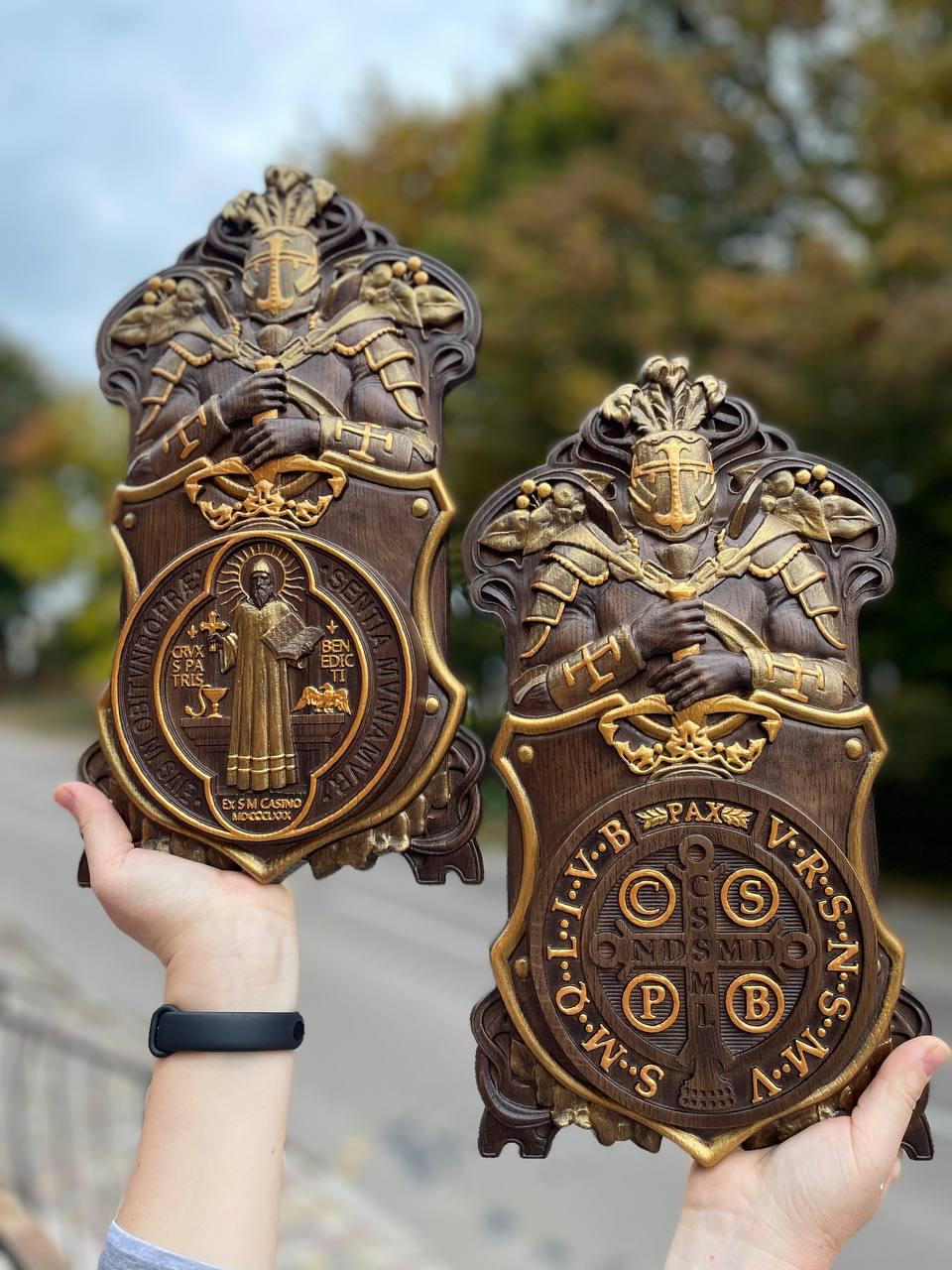 Hand-carved Wooden Knight Shield: Saint Benedict Medallion, Medieval ...