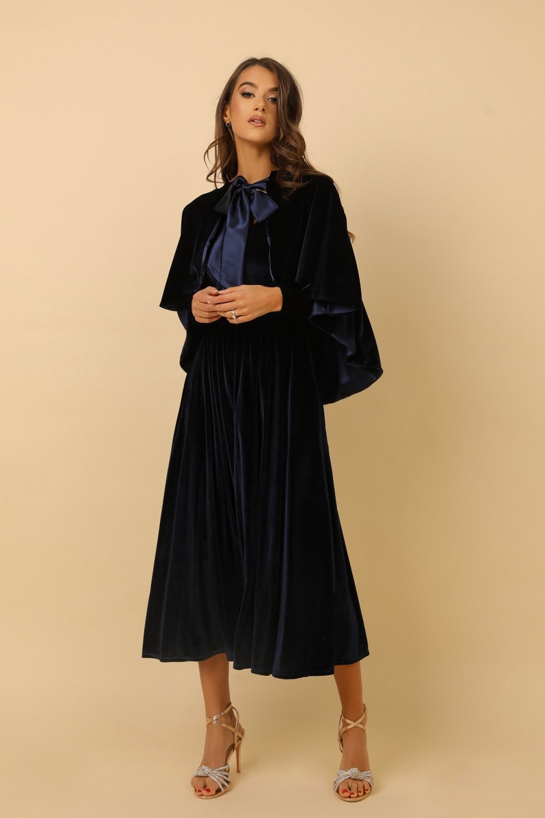 Navy Velvet Capelet Wedding Shrug Bridesmaid Shrug With Tie Ribbon ...