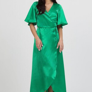 Green Dress, Bridesmaid Dress Satin, Wrap Dress, Wedding Guest Dress, Satin Evening Dress, Long ...