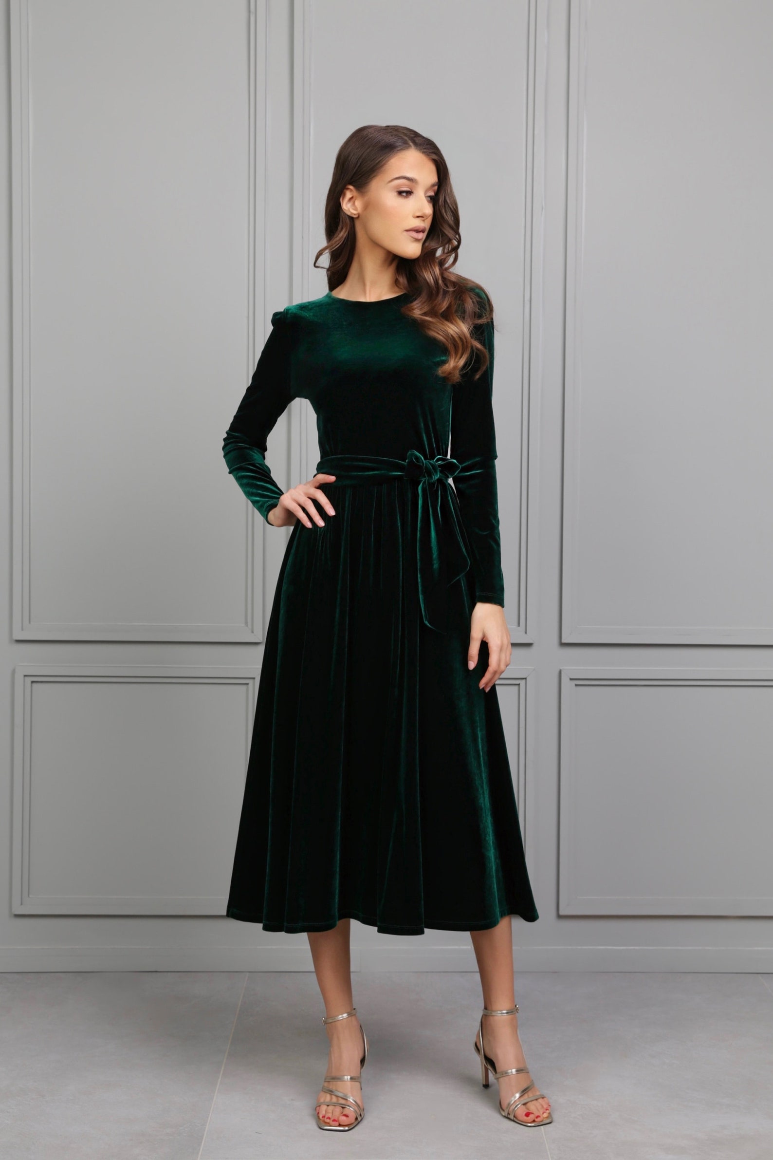 Navy Velvet Midi Dress, Long Sleeve Elegant Winter Dress, Formal ...