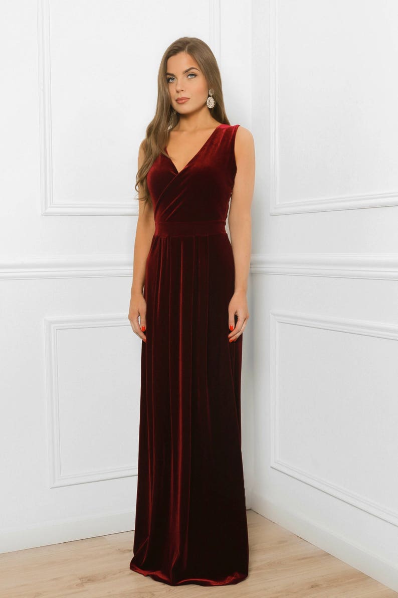 Dark Burgundy Bridesmaid Velvet Maxi Elegant Dress Sleeveless Etsy