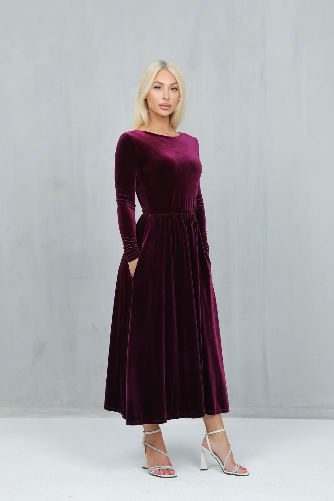 Dark Purple Velvet Dress, Long Sleeve Dress, Midi Dress, Dress With ...