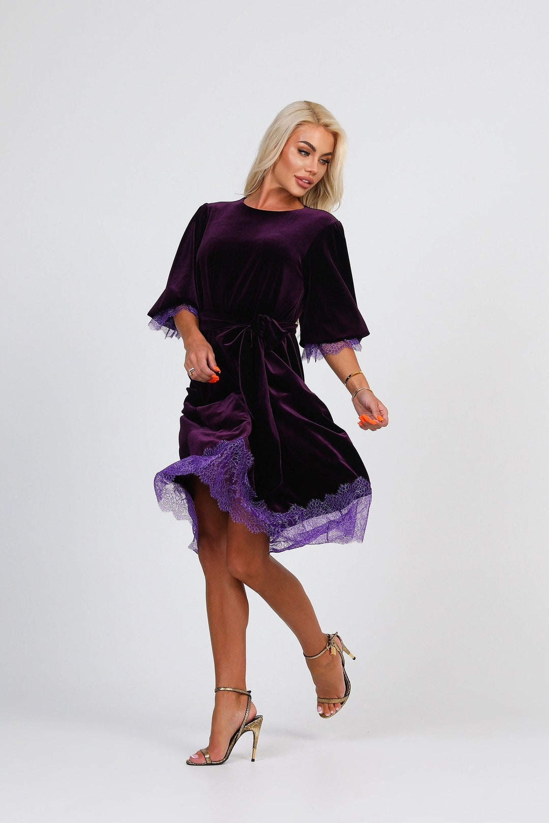 Plum Velvet Short Dress With Lace, Cocktail Dress, Party Dress ...