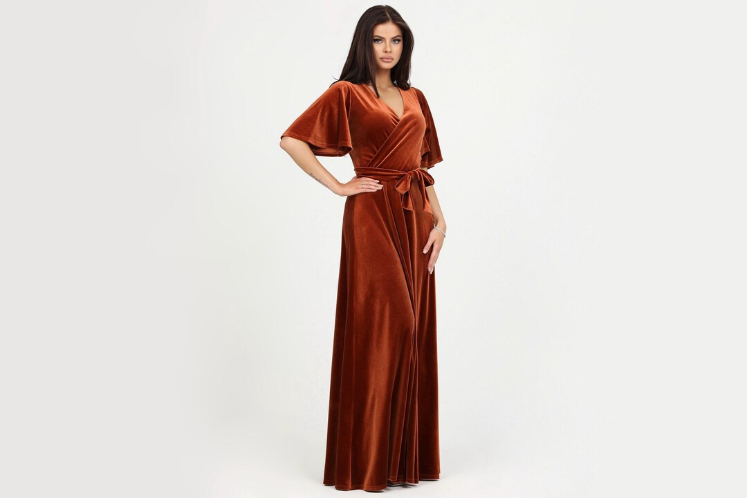 Rusty Orange Bridesmaid Dress, Velvet Dress, Velvet Long Dress, Wedding ...