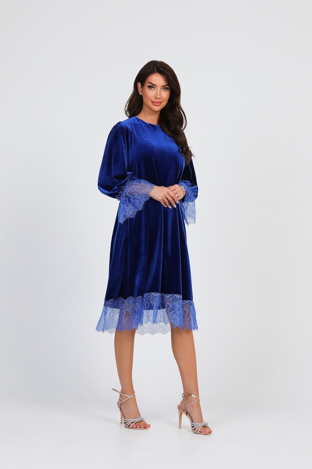 Royal Blue Velvet Short Dress, Cocktail Dress With Lace, Party Dress ...