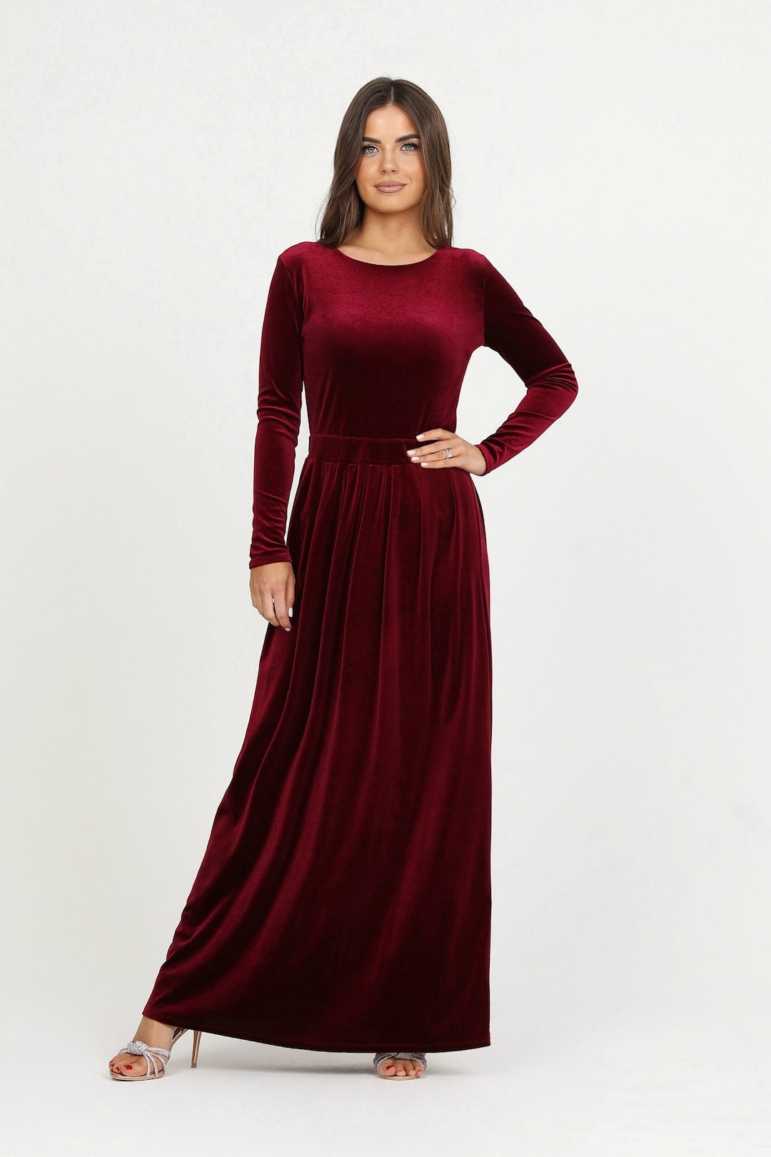 Burgundy Velvet Dress, Bridesmaid Dress, Velvet Long Dress, Long Sleeve ...