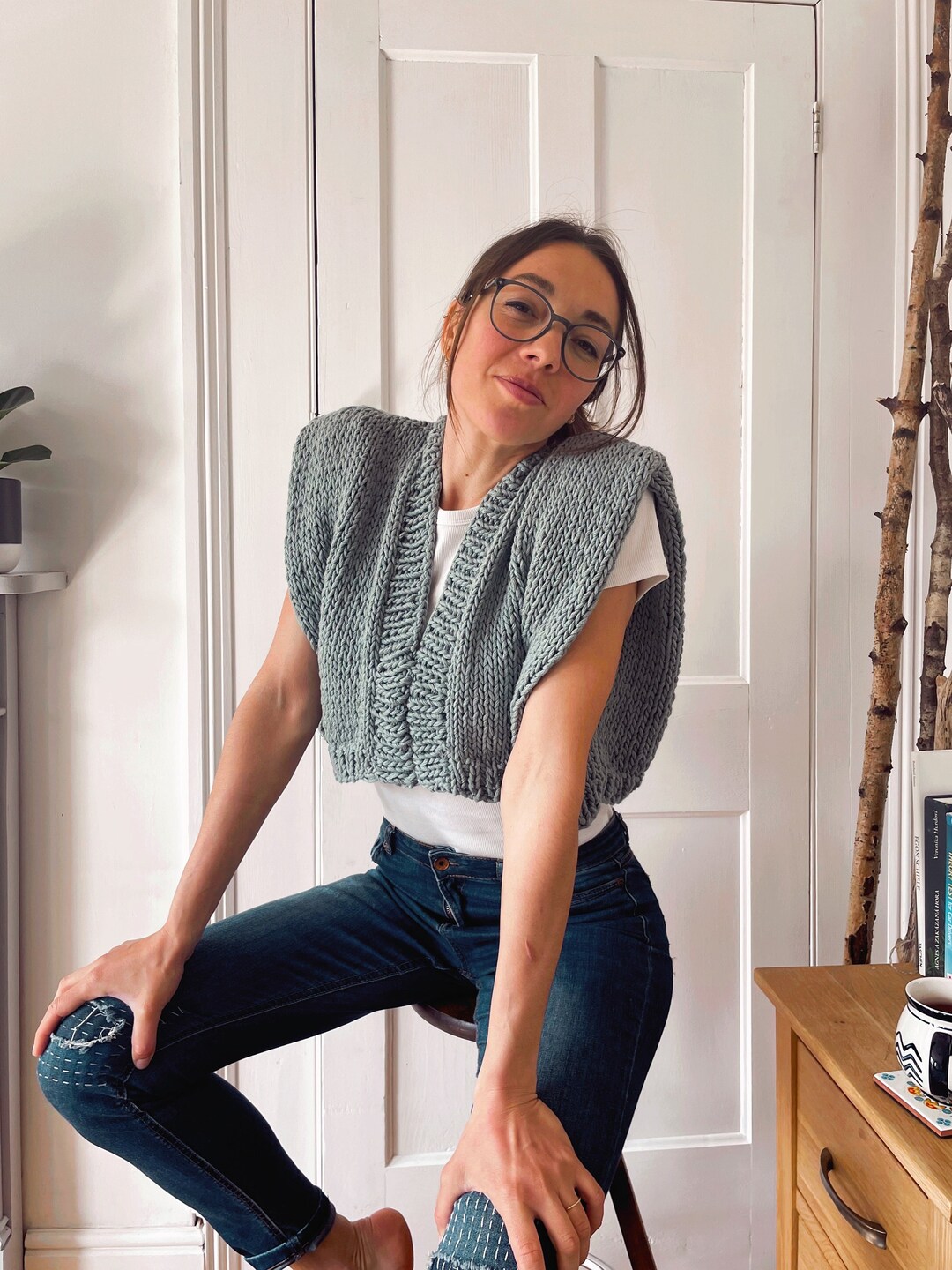 Hand Knitted Cotton Crop Vest - Sage Green Sleeveless Jumper - Etsy