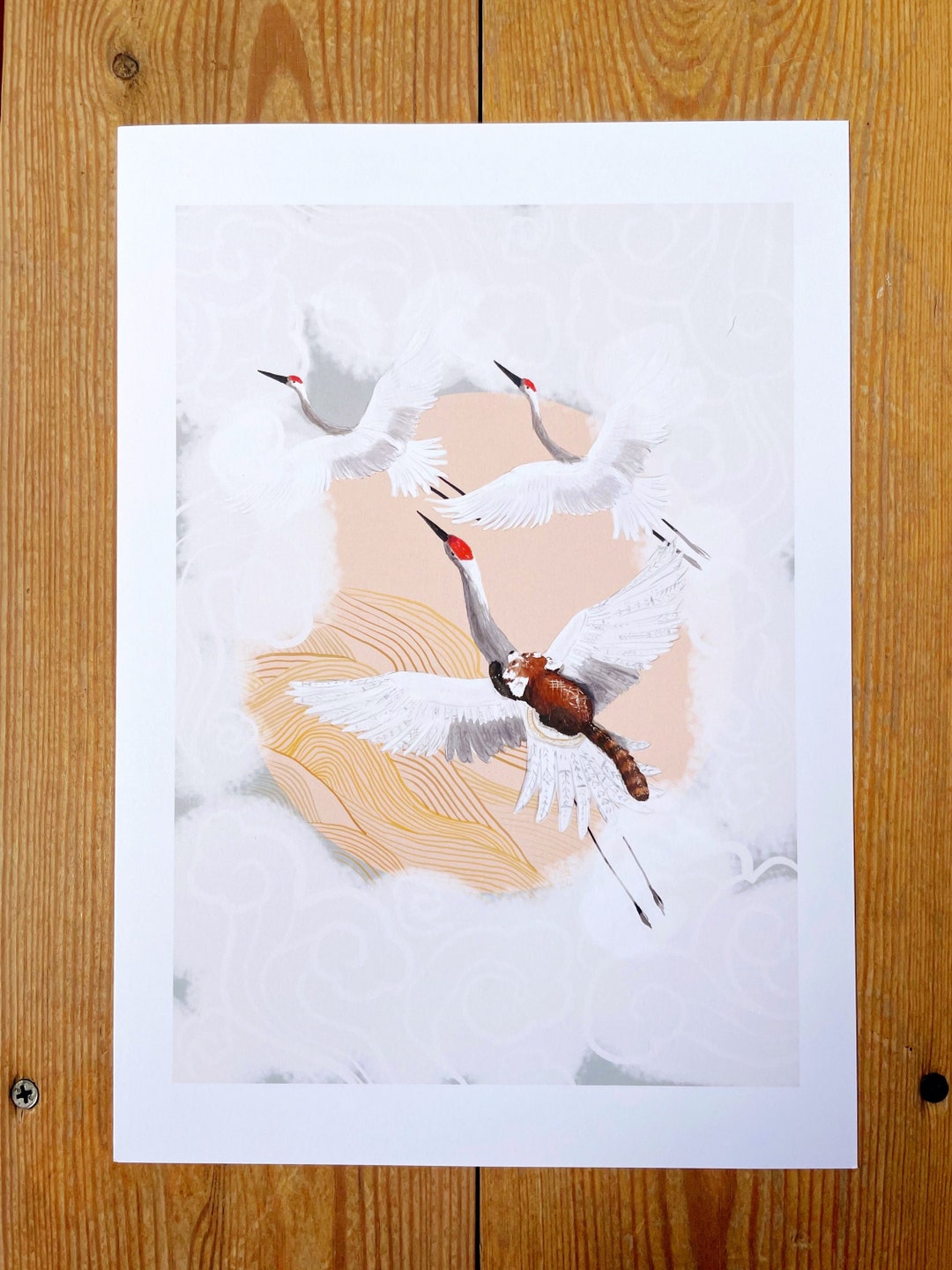 Flying Red Panda Print. Japanese Crane Wall Art. Red Panda Nursery ...