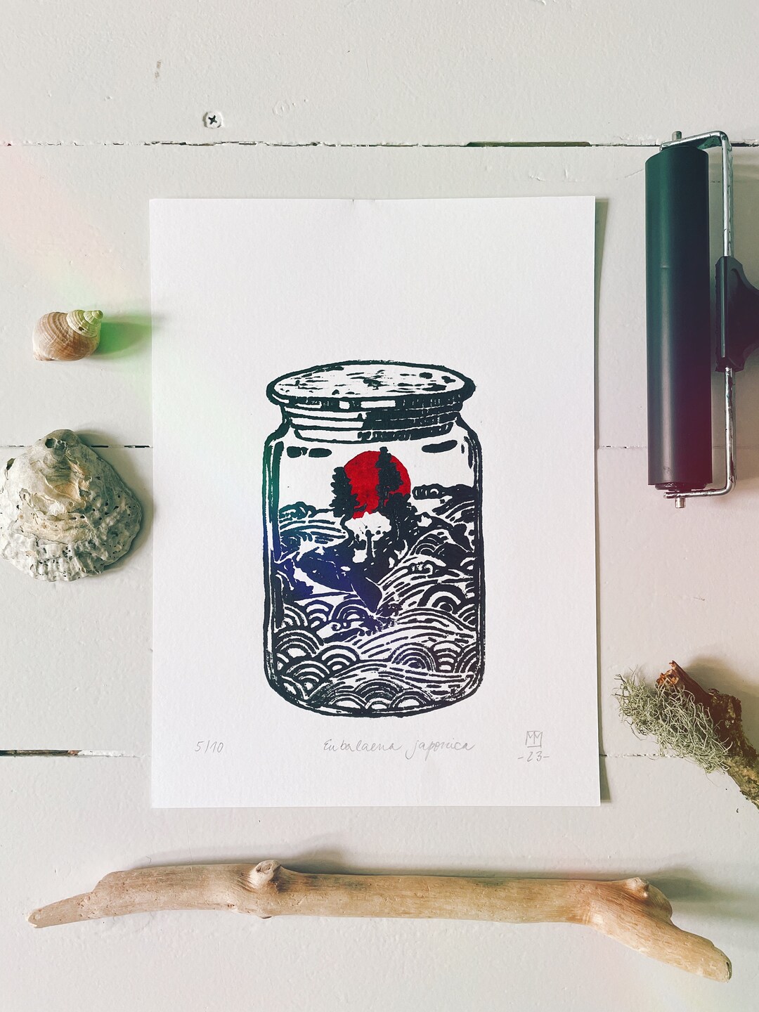 Whale in the Ocean Lino Print. Limited Edition Handprinted Linocut ...