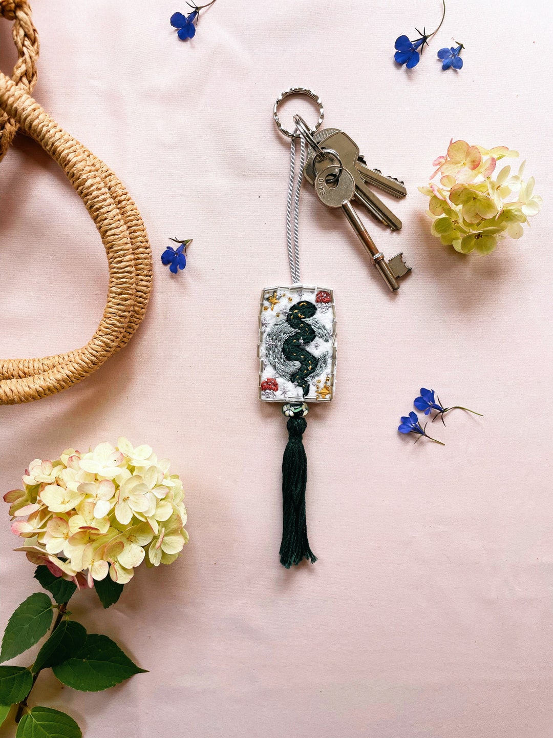 Magical Snake Keyring. Celestial Snake Key Tag. Hand Embroidered Tassel ...