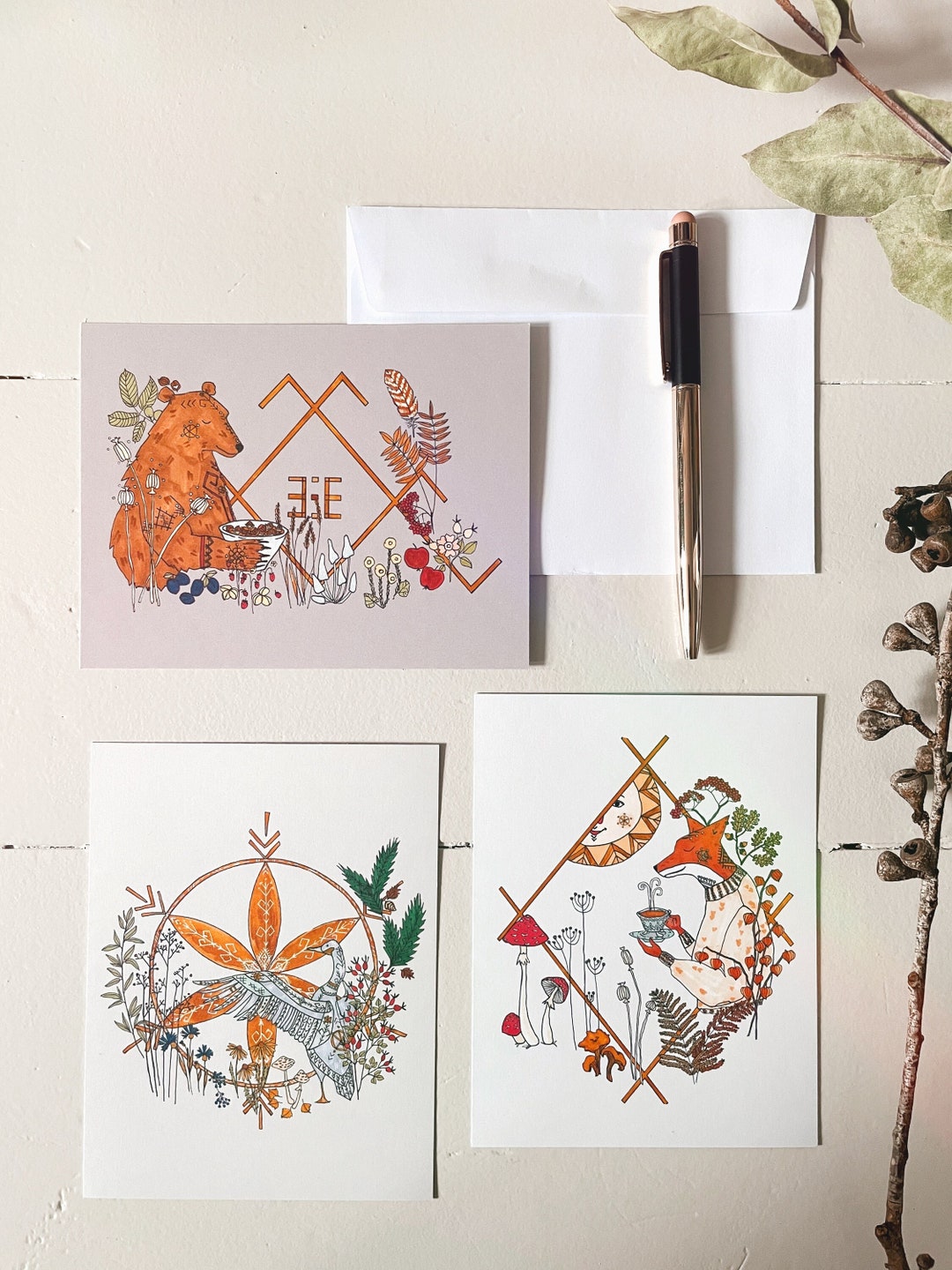 Woodland Animal Postcards. Berries Bear Note Card. Happy Fox Postcard ...