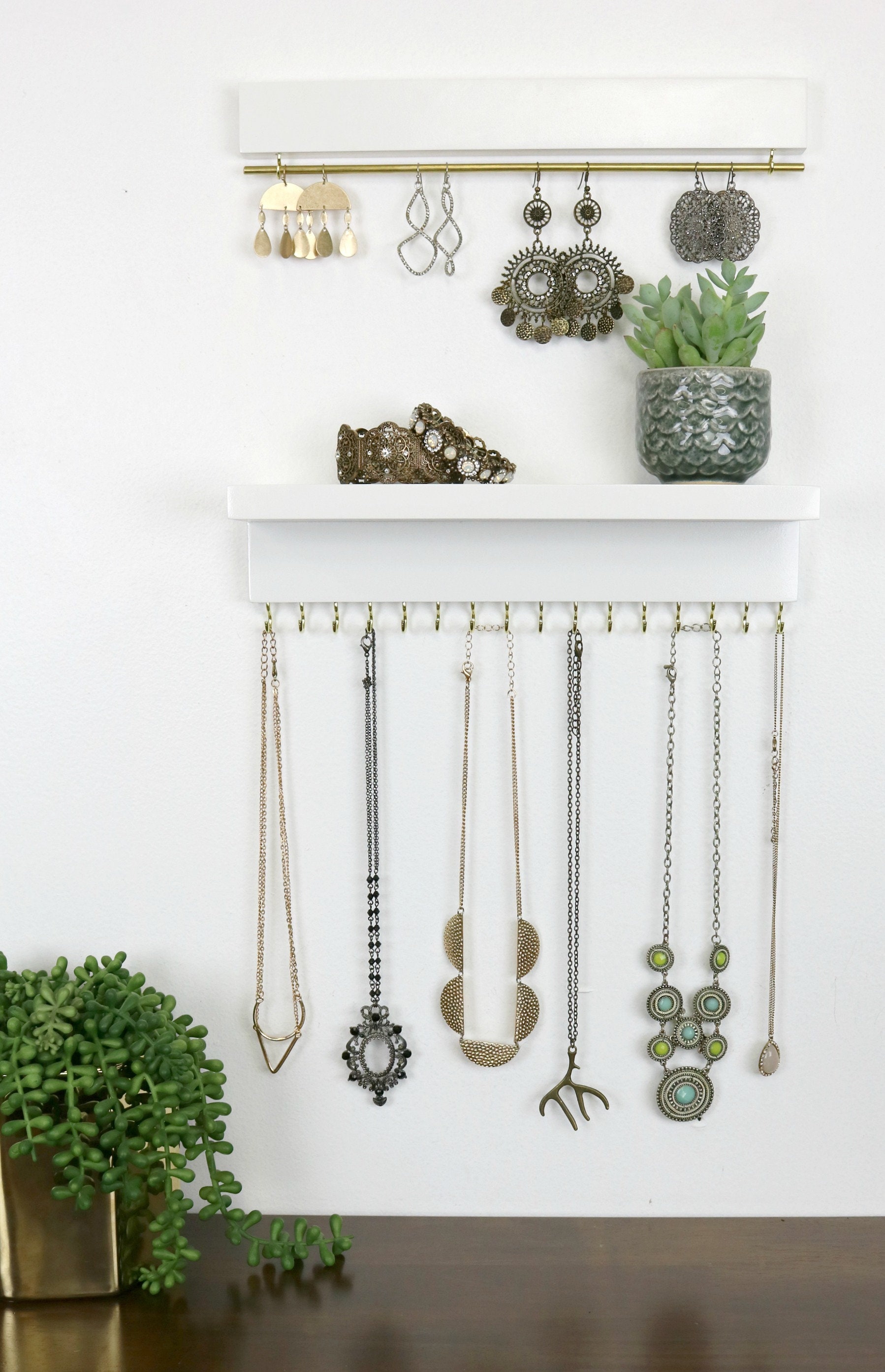 White Wall Mount Jewelry Organizer Necklace Holder and - Etsy