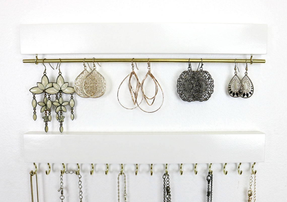 White Wall Mount Jewelry Organizer Necklace Holder and | Etsy