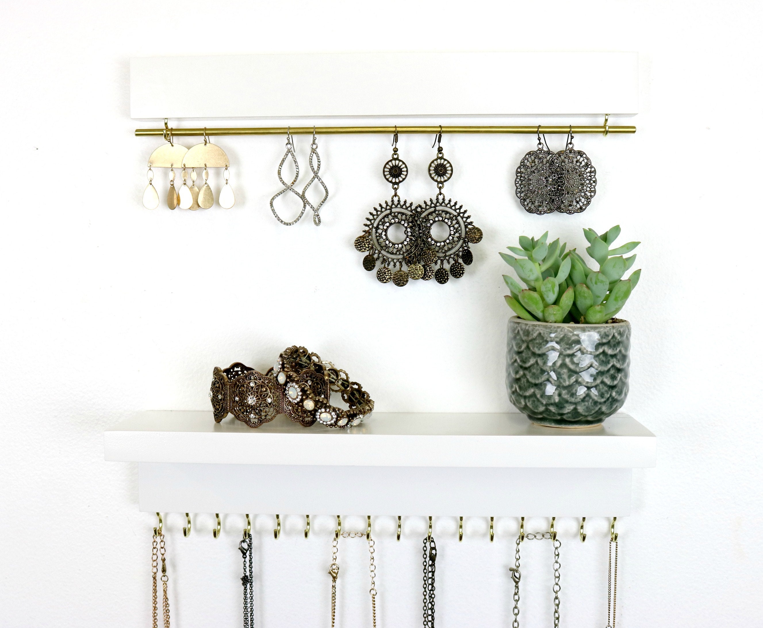 White Wall Mount Jewelry Organizer Necklace Holder and | Etsy