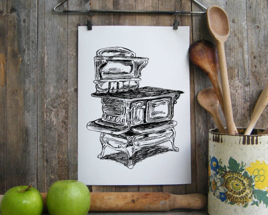 Kitchen Decor, Antique Stove Print, Rustic Wall Art, Retro Style Art ...
