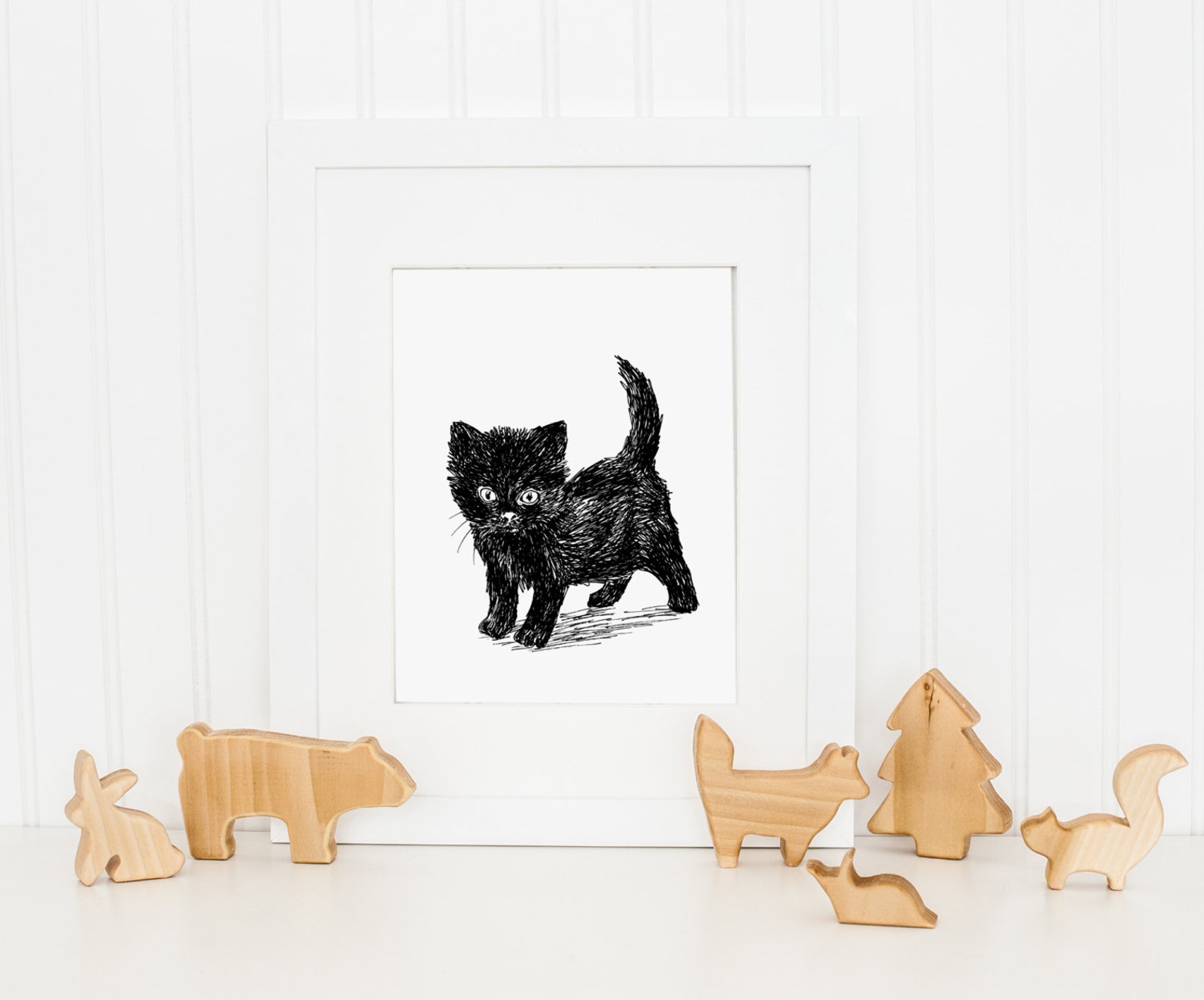 Black Cat Digital Print Black and White Halloween Print Cat | Etsy