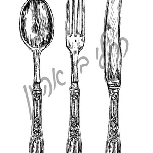Realistic Black White Sketch, Vintage Silverware Printable Art, Instant ...
