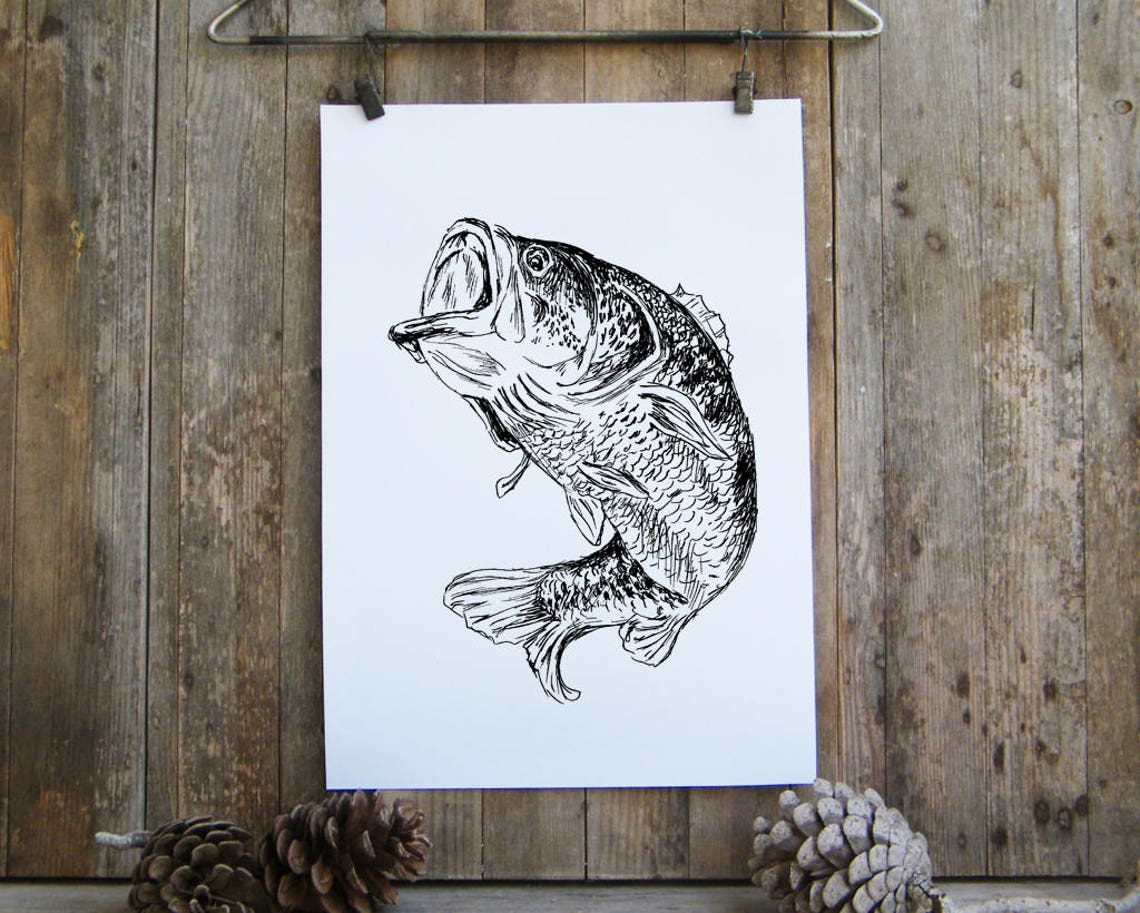 Bass Fish Poster Black and White Printable Art Print Large - Etsy