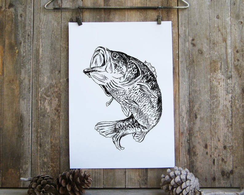 Bass Fish Poster Black and White Printable Art Print Large | Etsy