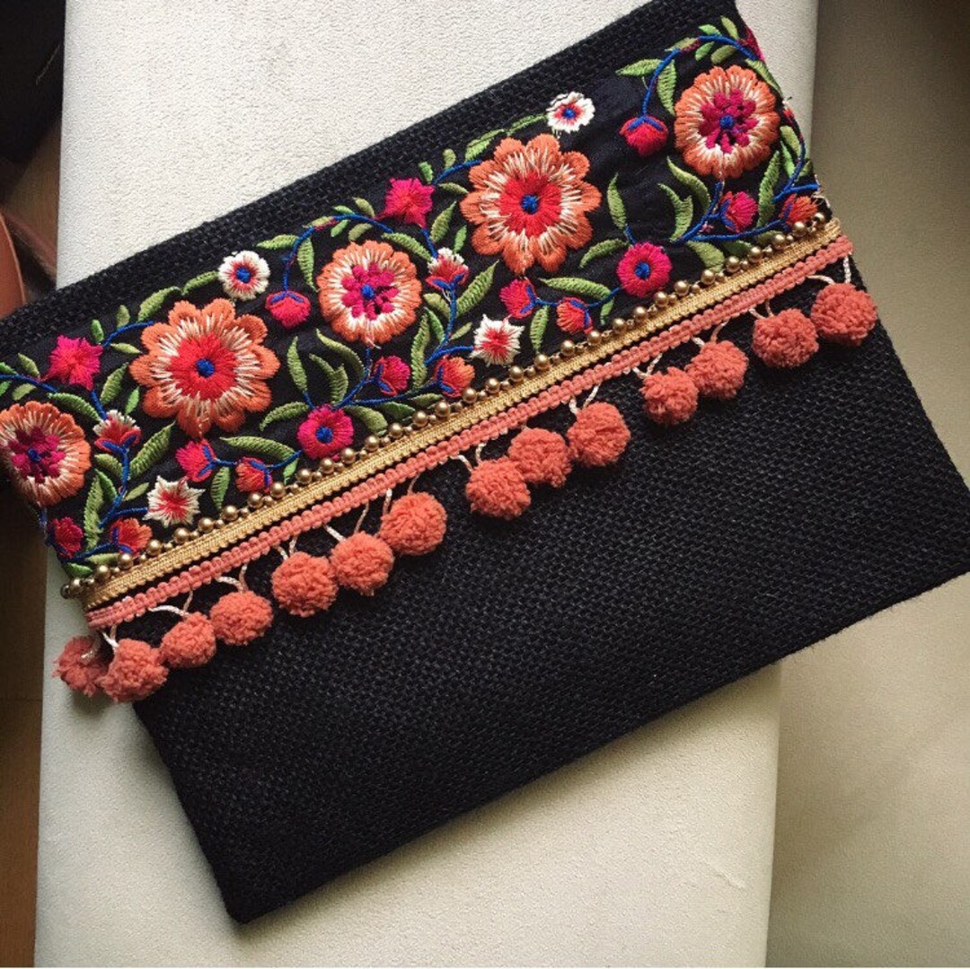 Black Jute Clutch With Bohemian Embroidery, Handmade Clutch Bag ...