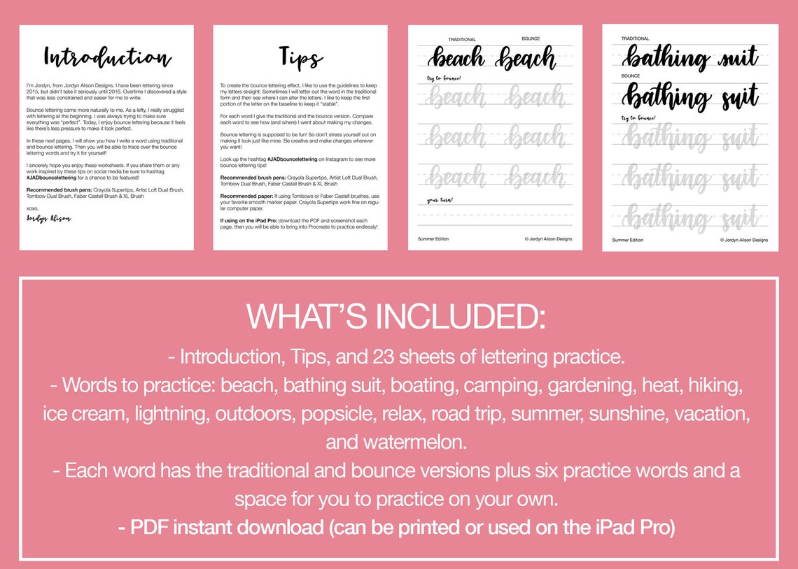 Bounce Lettering Worksheets Summer Edition Lettering - Etsy