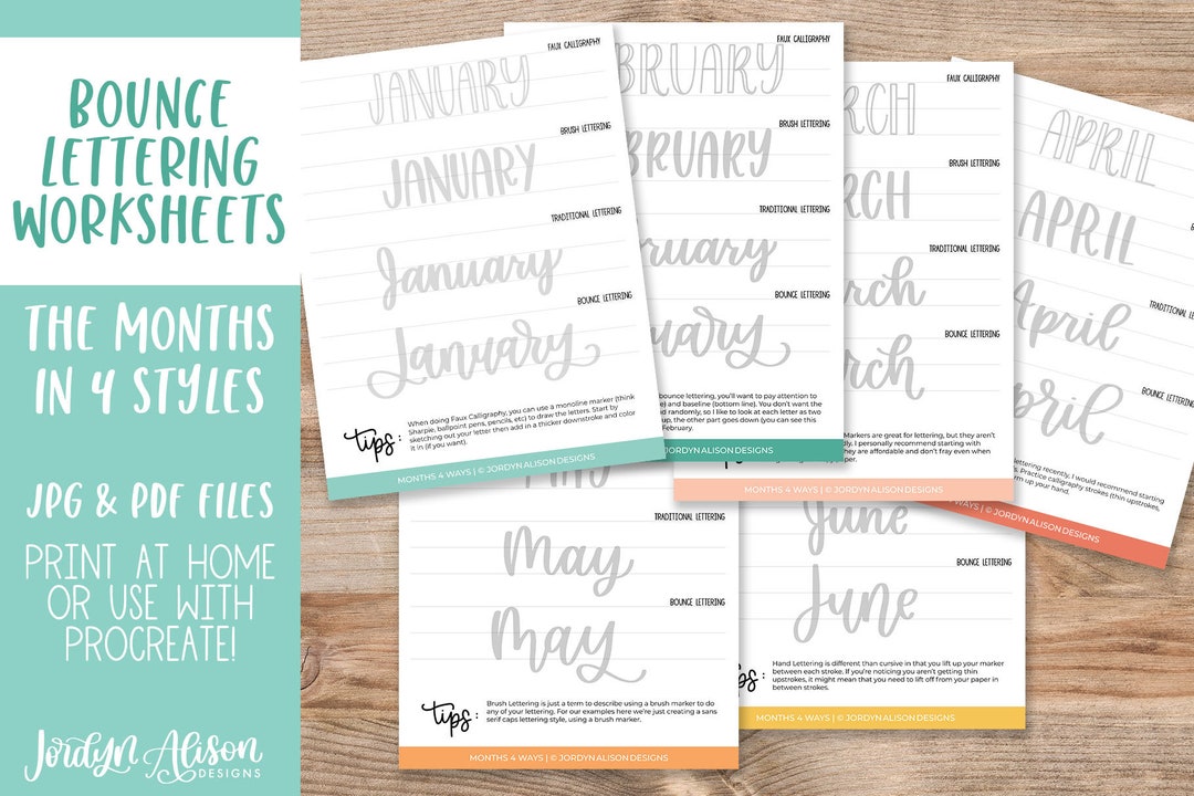 Months of the Year Lettering Worksheets, Faux Calligraphy, Brush ...