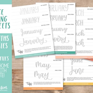 Months of the Year Lettering Worksheets, Faux Calligraphy, Brush ...