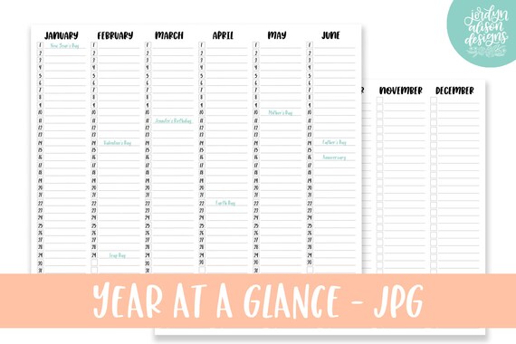 Yearly At A Glance Instant Download New Year's | Etsy