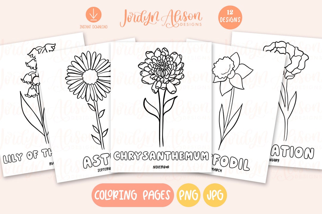 12 Birth Month Flower Coloring Pages, Coloring Pages for Kids, Coloring ...