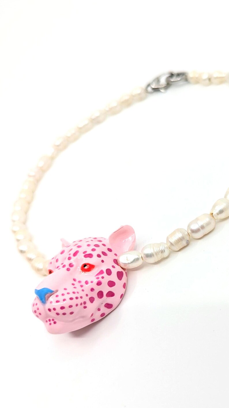 Pink Leopard Necklace - Leopard Pearls Necklace - 3D Leopard Necklace ...