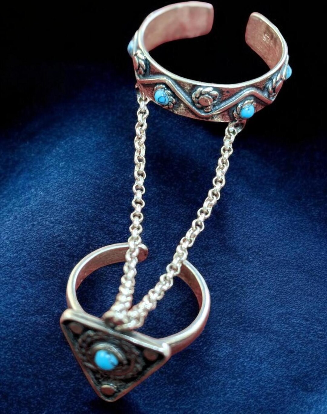 Adjustable Double Finger Chain Ring Sky Blue - Sterling Silver Open ...