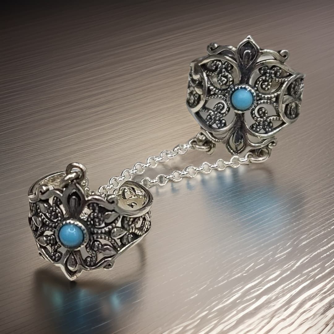 Sky Blue Adjustable Double Finger Chain Ring - Sterling Silver Open ...