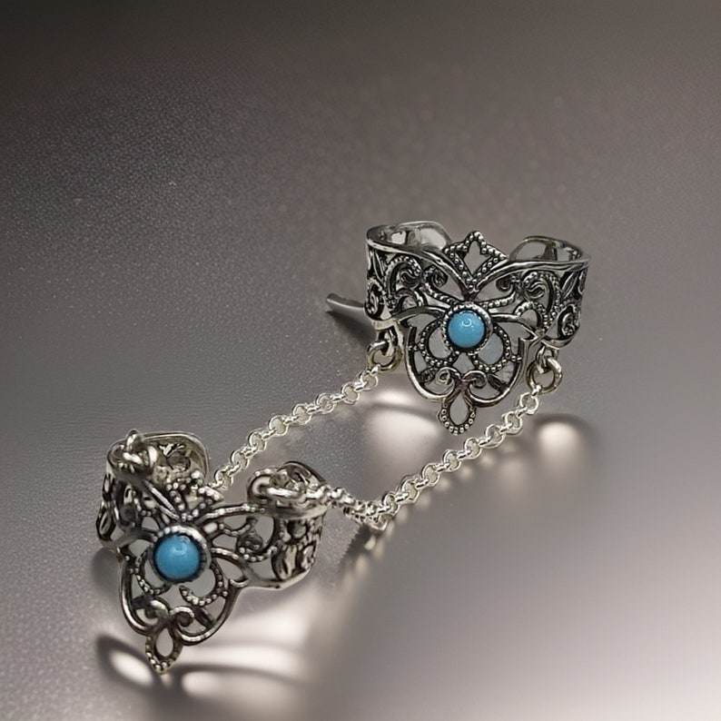 Sky Blue Adjustable Double Finger Chain Ring - Sterling Silver Open ...