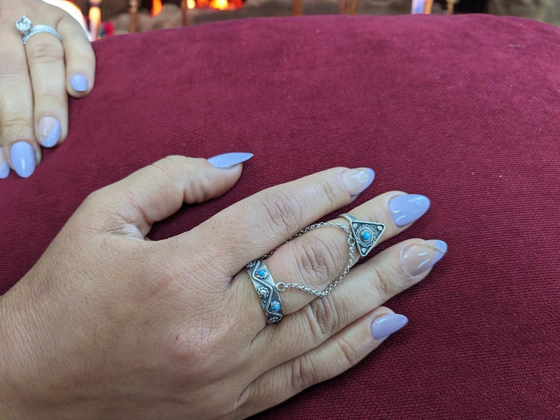 Adjustable Double Finger Chain Ring Sky Blue - Sterling Silver Open ...